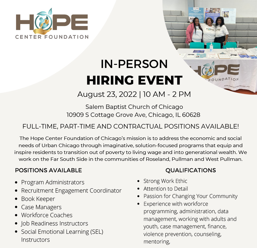 IN-Person Hiring Event – Hope Center Foundation Of Chicago IN-Person Hiring Event – Hope Center Foundation Of Chicago